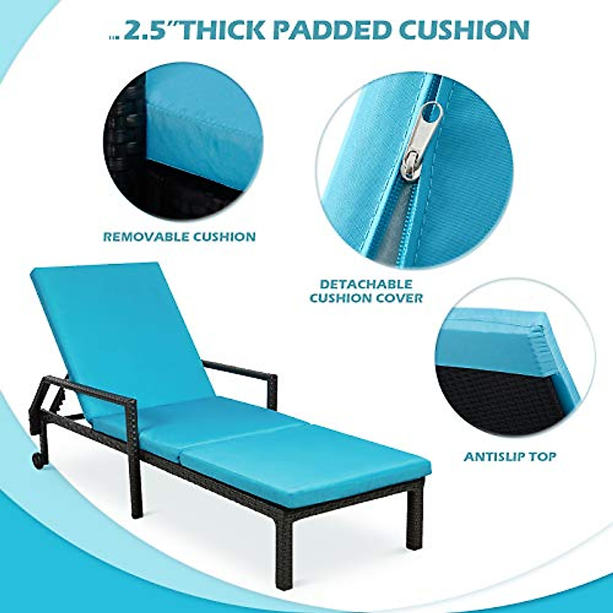 YODOLLA Outdoor Rattan Chaise Lounge Chair with Adjustable Backrest, Wicker Reclining Lounge Chair w/Removable Cushion and Wheels for Beach, Patio, Garden, Porch, Poolside, Backyard, Balcony, Blue