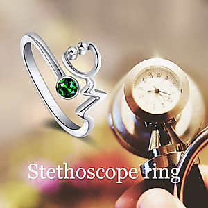 AOBOCO Sterling Silver Heartbeat EKG Stethoscope Ring Embellished with Simulated Emerald Crystal from Austria, Stethoscope Jewelry for Medical Student Graduation RN Gifts for Nurse Female(Green)