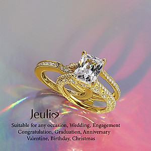 Jeulia Wedding Radiant Cut Ring: 3PC CZ Diamond Engagement Ring Set Promise Anniversary Rings with Side Stones Romantic Jewelry Gift for Her with Gift Box (Yellow Gold, 9.5)