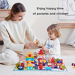 bc babycare 128 Pcs Wooden Building Blocks for Toddlers 1-3, Educational Wooden Toys with Block City,Preschool Learning Toys Wooden Building Blocks Set Educational Toys for Kids