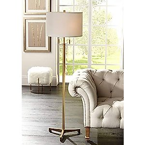 Possini Euro Design Encino Modern Glam Luxe Floor Lamp Standing 60" Tall Antique Brass Gold Metal Tripod Base Off-White Fabric Drum Shade Decor for Living Room Reading House Family Bedroom Home