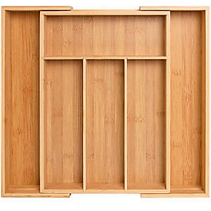 JS HOME Bamboo Expandable Drawer Organizer for Utensils Holder, Adjustable Silverware Organizer and Cutlery Tray, Wood Drawer Dividers Organizer for Silverware, Flatware, Knives in Kitchen