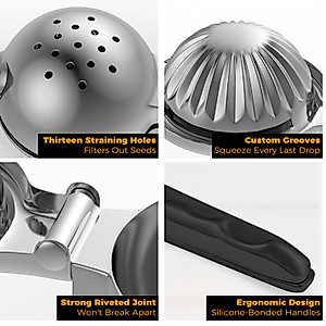 RCMo Stainless Steel Lemon Squeezer - Metal Citrus Juicer - Lime Lemon and Fruit Juicer with Silicone Handles - Large Manual Citrus Press Juicer - Hand Held Squeezer - Ergonomic Design with Solid