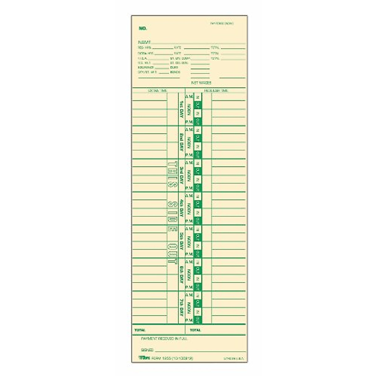 TOPS Time Cards, Weekly, 1-Sided, Numbered Days, 3-1/2" x 10-1/2", Manila, Green Print, 500-Count (1255)