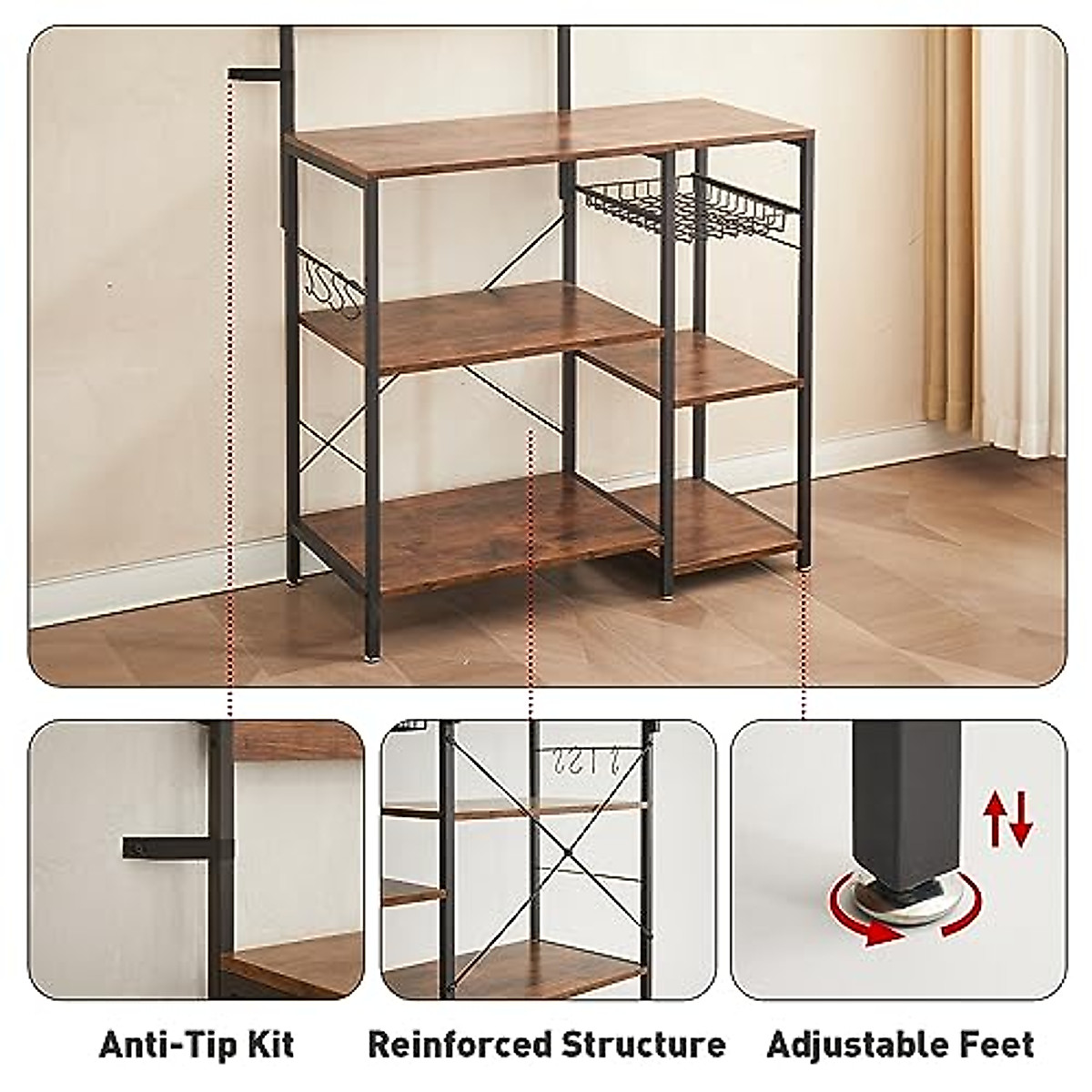 Leesingdo Kitchen Bakers Rack with Power Outlet, Microwave Stand, Coffee Bar Kitchen Storage Rack with Wire Basket, 6 Hooks, Kitchen Shelves for Spices, Pots, and Pans, Rustic Brown