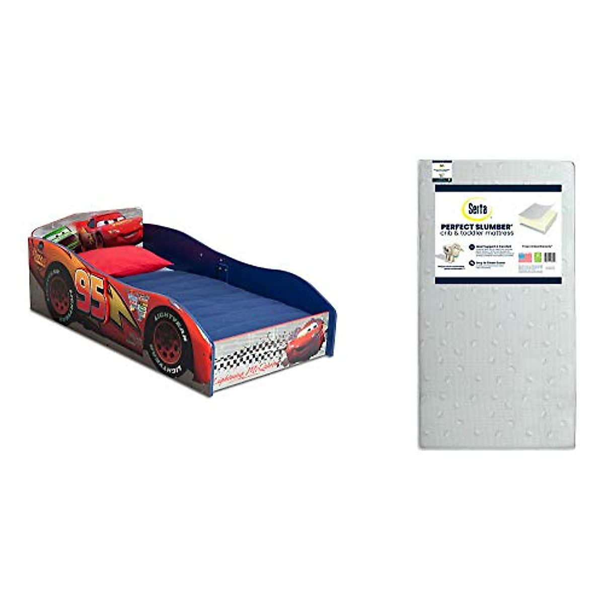 Delta Children Disney/Pixar Cars Wood Toddler Bed + Serta Perfect Slumber Dual Sided Recycled Fiber Core Crib and Toddler Mattress (Bundle)