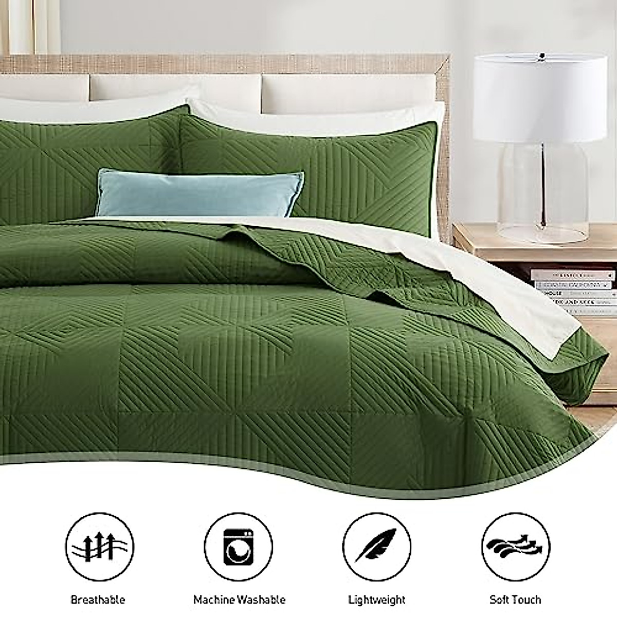 Lavsiry Olive Quilt Bedding Set King Size, Summer Lightweight Green Large Diamond Pattern Bed Spread, Soft Microfiber Bedspread & Coverlet for All Seasons - 3 Piece(1 Quilt, 2 Pillow Shams)