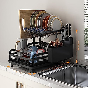 bukfen New Over The Counter Dish Rack(16.3 * 11.4 * 10.8in, Black), 2-Tiers, No Installation Stainless Steels Multifunctional Dish Drying Rack for Draining Plates