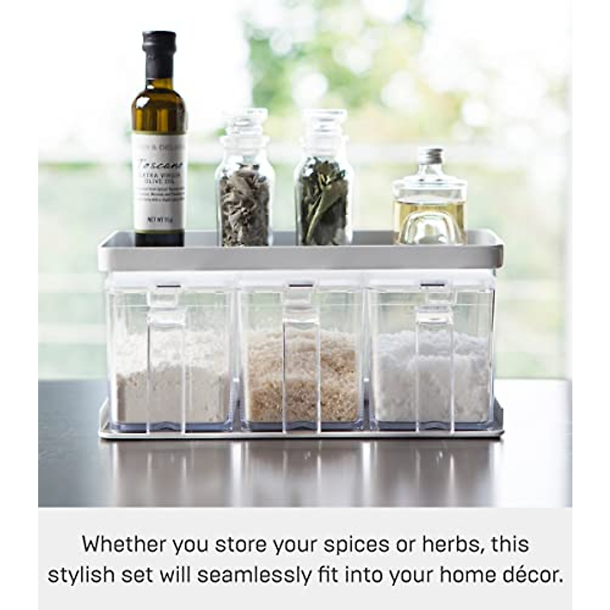 YAMAZAKI Home Pantry Canisters with Rack-Kitchen Container Organizer | Steel + Plastic | Food Storage, One Size, White