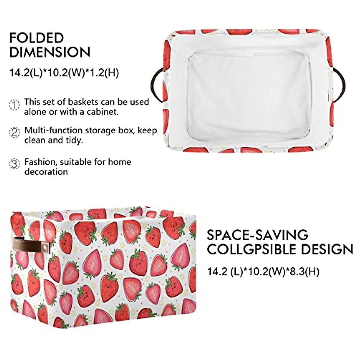 ALAZA Strawberry Star Polka Dots Large Storage Baskets with Handles Foldable Decorative 2 Pack Storage Bins Boxes for Organizing Living Room Shelves Office Closet Clothes