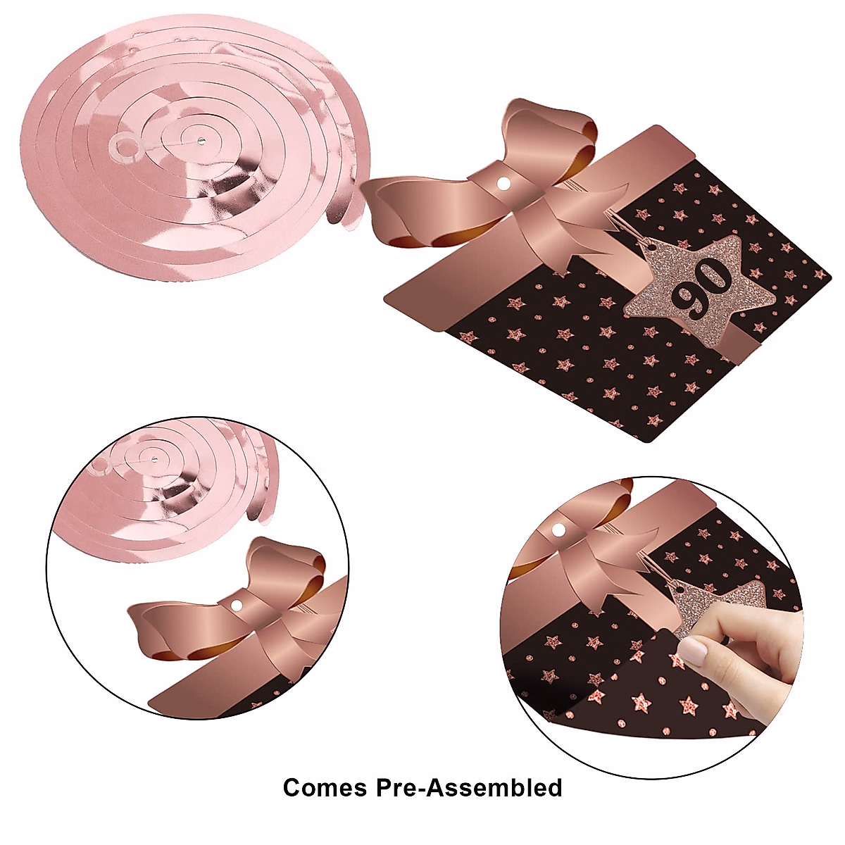 Happy 90th Birthday Party Hanging Swirls Streams Ceiling Decorations, Celebration 90 Foil Hanging Swirls with Cutouts for 90 Years Old Rose Gold Birthday Party Decorations Supplies