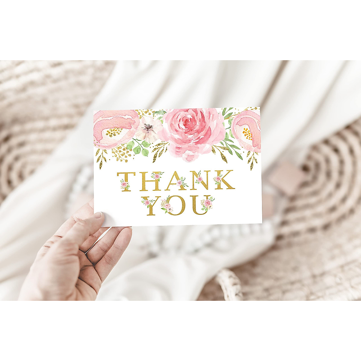 Pink and Gold Floral Thank You Cards, Great for Baby Wedding Bridal Shower, Birthday, Baptism, Any Occasion, 50 Thank You Cards and Envelopes