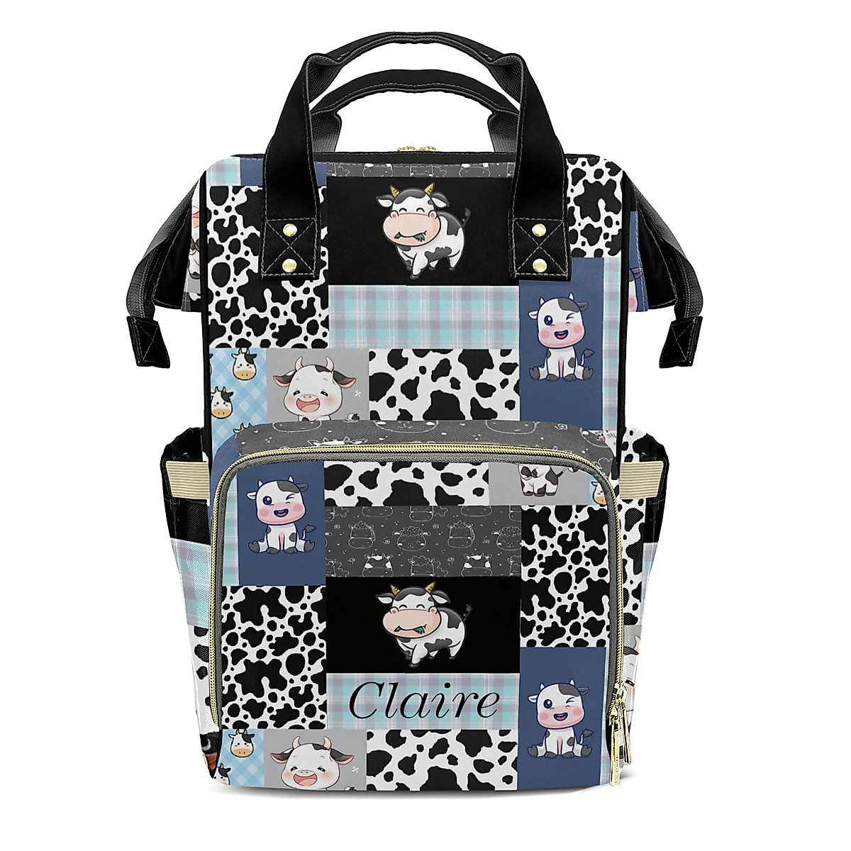 XOZOTY Cute Cow Print Pattern Patchwork Personalized Diaper Bag Backpack Name Custom Mommy Nappy Baby Bag Daypack for Mom Dad Gifts