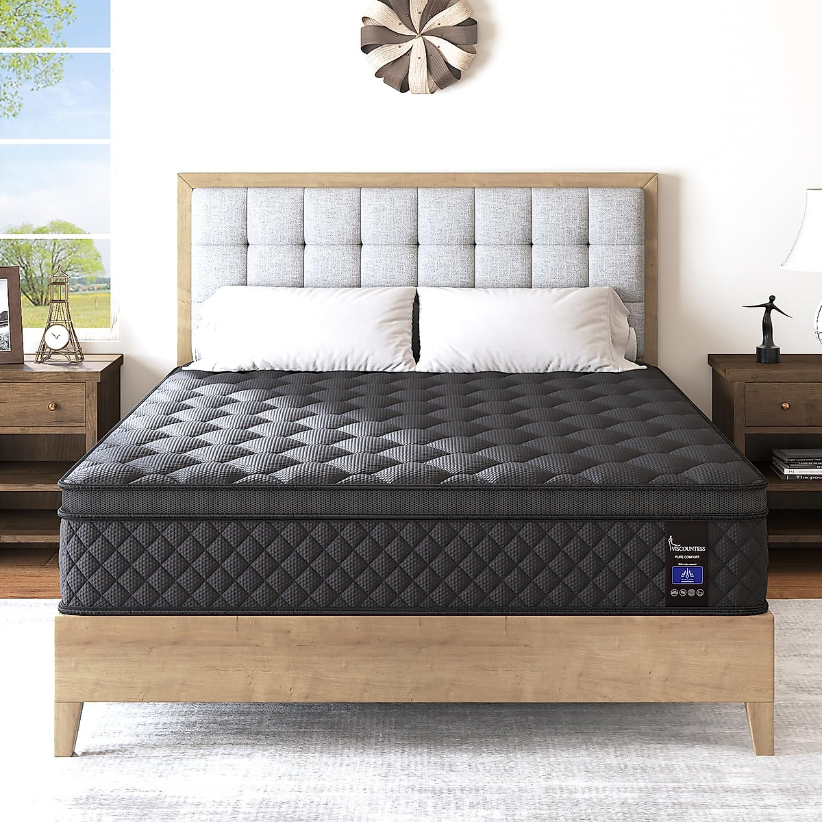 VISCOUNTESS King Mattress,14 Inch Hybrid Mattress Black, Euro Top Mattress Medium Firm for Back & Lumbar Support, 100 Night Trial, Individual Pocket Spring Bed for Motion Isolation & Pressure Relief