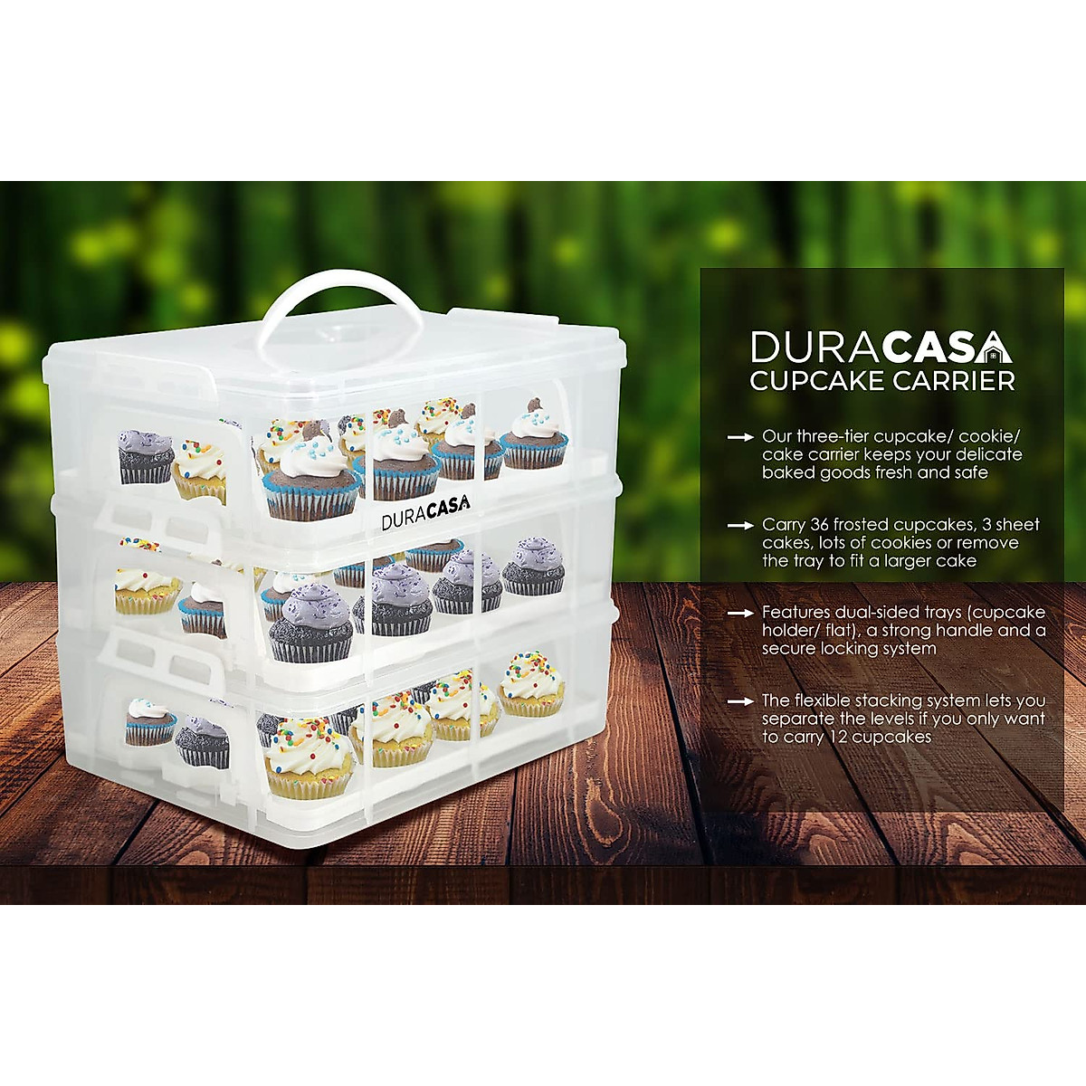 DuraCasa Cupcake Carrier, Cupcake Holder - Premium Upgraded Model - Store up to 36 Cupcakes or 3 Large Cakes - Stacking Cupcake Storage Container - Cookie, Muffin or Cake Carrier (White, Three Tier)