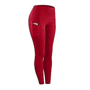 QSXLTS Womens Tummy Control Workout Leggings High Waist Yoga Pants with Pockets Athletic Lounge Pants for Running Hiking Red