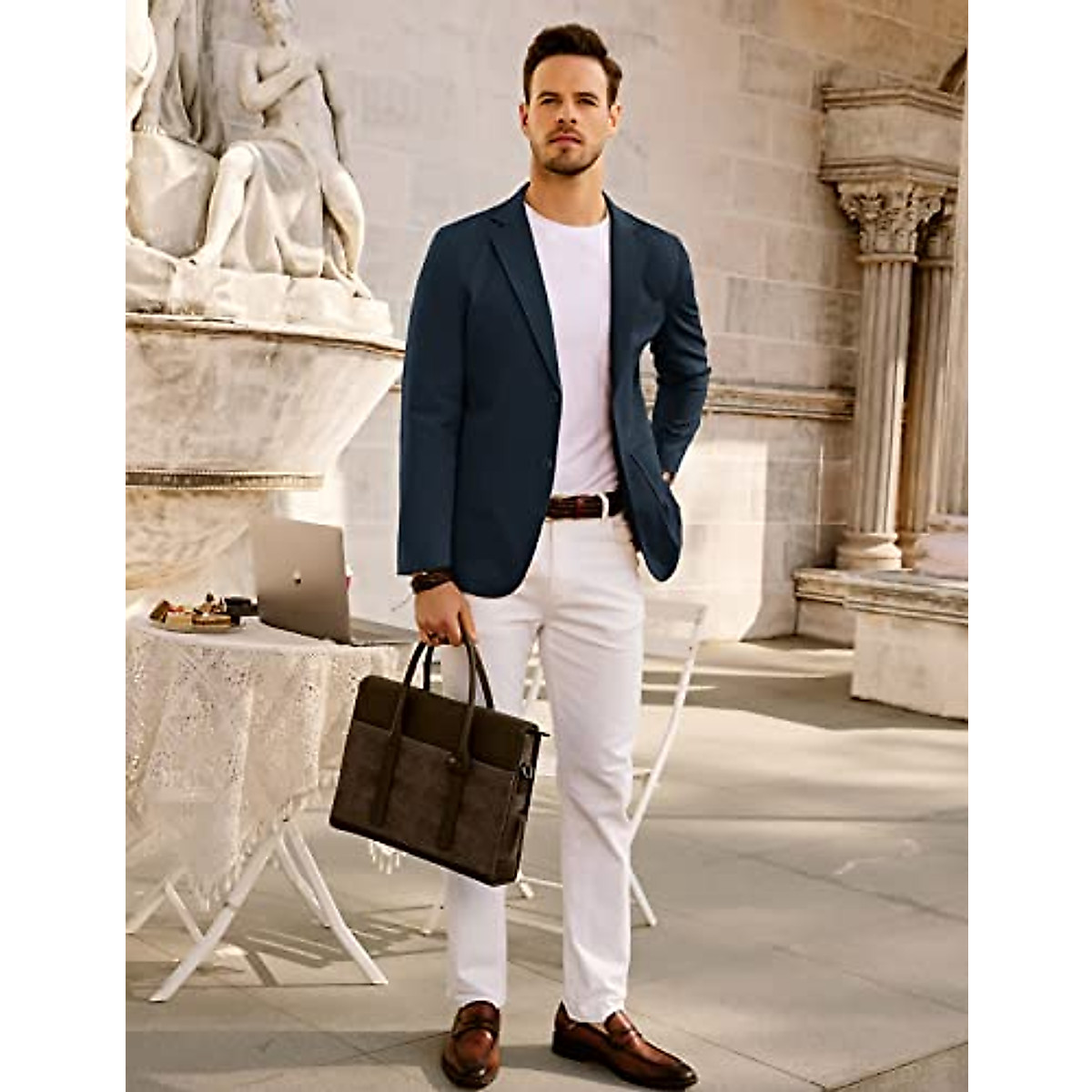 Lightweight Blazer for Men Casual Two Button Suit Jacket Performance Regular Fit Striped Lining Sport Coat Dark Blue