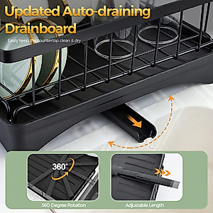 Dish Drying Rack for Kitchen Counter, 2-Tier Dish Racks with Drainboard, Large Capacity Dish Drainer Organizer Shelf with Utensil Holder, Wine Glass Holder（Black）