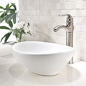 Oval Bathroom Vessel Sink and Faucet Combo -HLBLFY 16"x13" Above Counter White Ceramic Porcelain Ceramic Bathroom Vessel Sink,with Brushed Nickel Single Lever Faucet Matching Pop Up Drain Combo