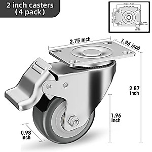 Casters, 2 inch Caster Wheels, Casters Set of 4 Heavy Duty - CLOATFET Locking Casters, Swivel Casters with Brake (Top Plate), Non Marking Grey TPR Rubber Castor Wheels for Cart Furniture Workbench