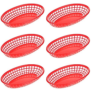 Luxshiny 6pcs Fast Food Baskets Plastic Oval Food Serving Tray Reusable Bread Fry Basket Burgers Storage Plates Fruit Baskets for Hot Dogs Sandwiches Chip Barbecues Picnics Red