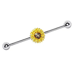 Amelia Fashion 14 Gauge Sunflower Industrial Barbell 316L Surgical Stainelss Steel (Sunflower)