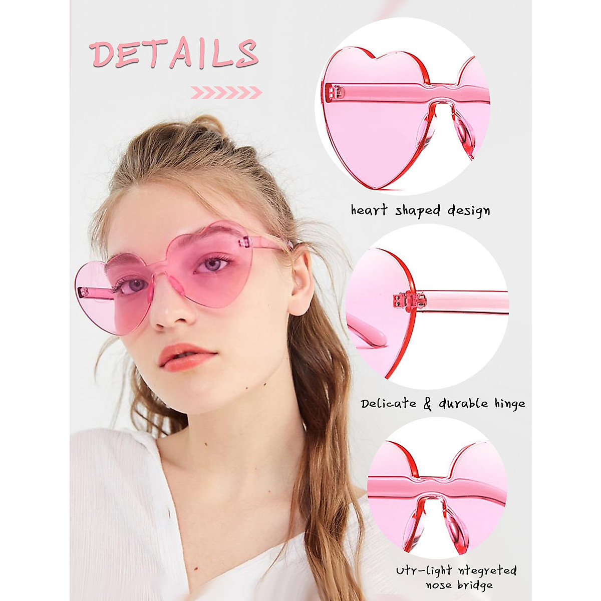 MIUSKATL 18 Pairs Heart Sunglasses, Rimless Heart Shaped Sunglasses Pack, Bulk Heart Sunglasses for Women, Colored Party glasses (Pink)