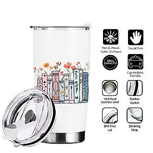 Book Lovers Gifts Stainless Steel Tumbler, Book Club Gifts Bookish Gifts Coffee Mug with Lid, 20 oz Thermal Cup Insulated Water Glasses, Book Accessories Librarian Gifts for Women Girls Readers Sister