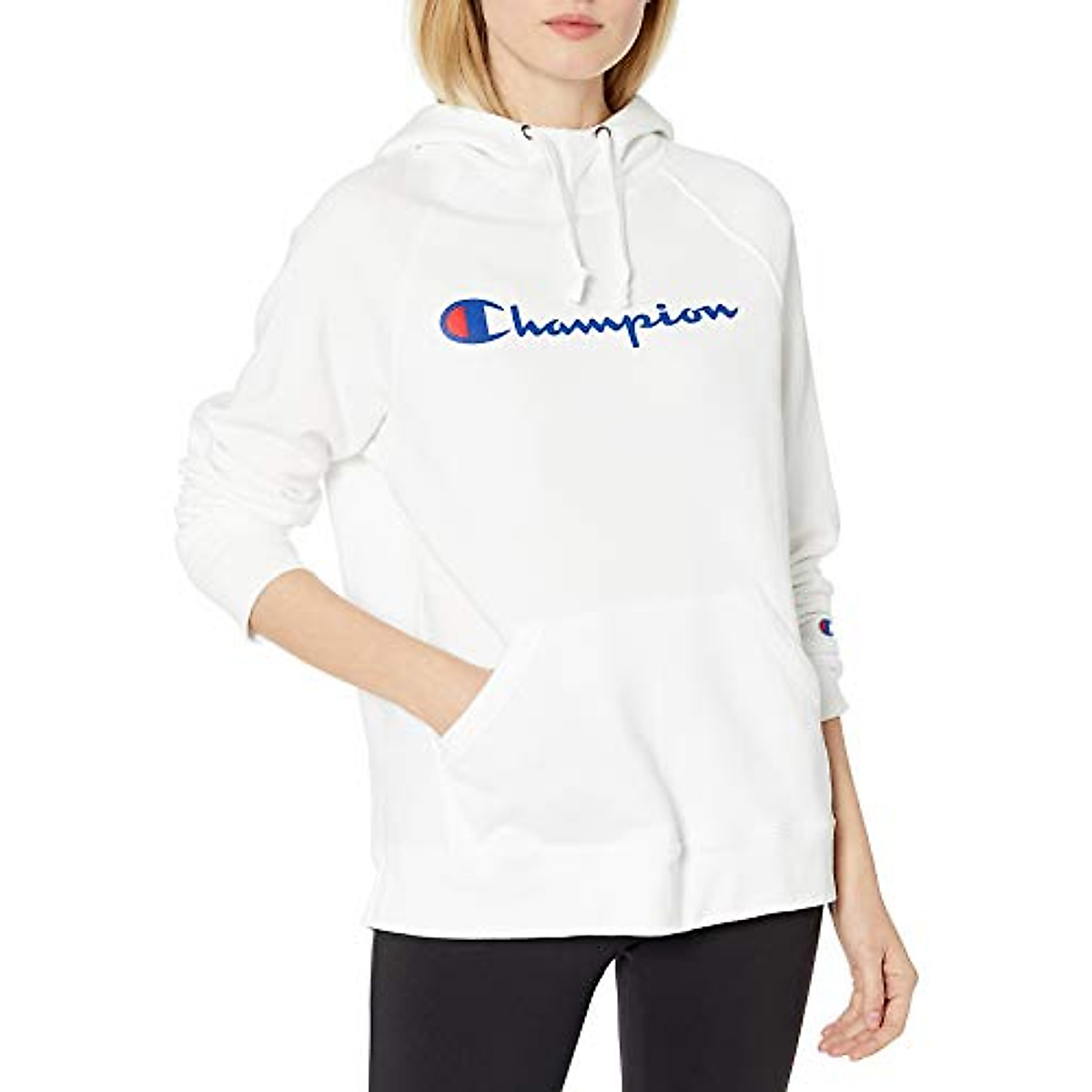 Champion womens Powerblend Fleece Hoodie, Script Logo Hooded Sweatshirt, White-y08113, Large US
