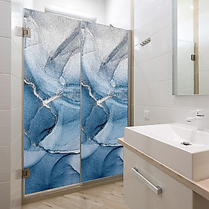 BoeHiop Window Privacy Film, Abstract Blue Ink Marble Texture Frosted Window Clings, Decorative Glass Covering Decals, Non-Adhesive Vinyl, 17.7 x 23.6 in