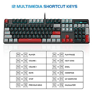 MageGee Mechanical Gaming Keyboard, 104 Keys Blue Backlit Keyboard with Red Switches Double-Shot Keycaps, USB Wired Mechanical Computer Keyboard for Laptop, Desktop, PC Gamers(Gray & Black)