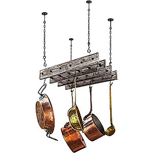 MyGift Ceiling-Mounted Pot and Pan Holder, Torched Wood and Metal Piping Hanging Storage Rack with 8 Hooks