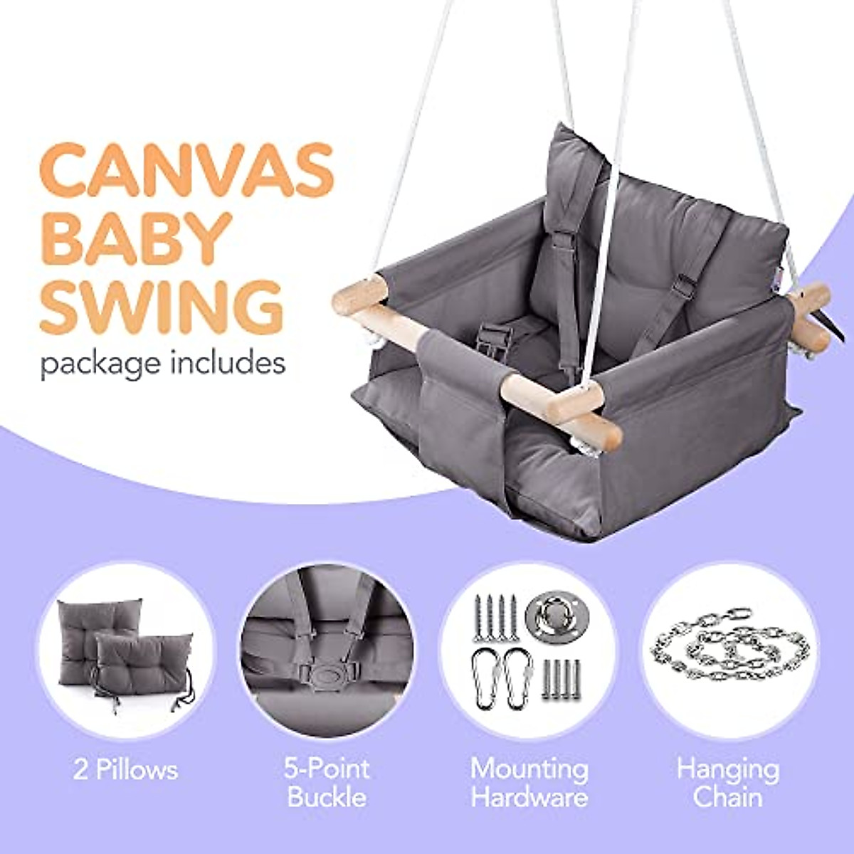 CaTeam - Canvas Baby Swing, Wooden Hanging Swing Seat Chair with Safety Belt, Durable Baby Hammock Chair, Outdoor and Indoor Swing for Kids, Mounting Hardware Included, Dark Gray
