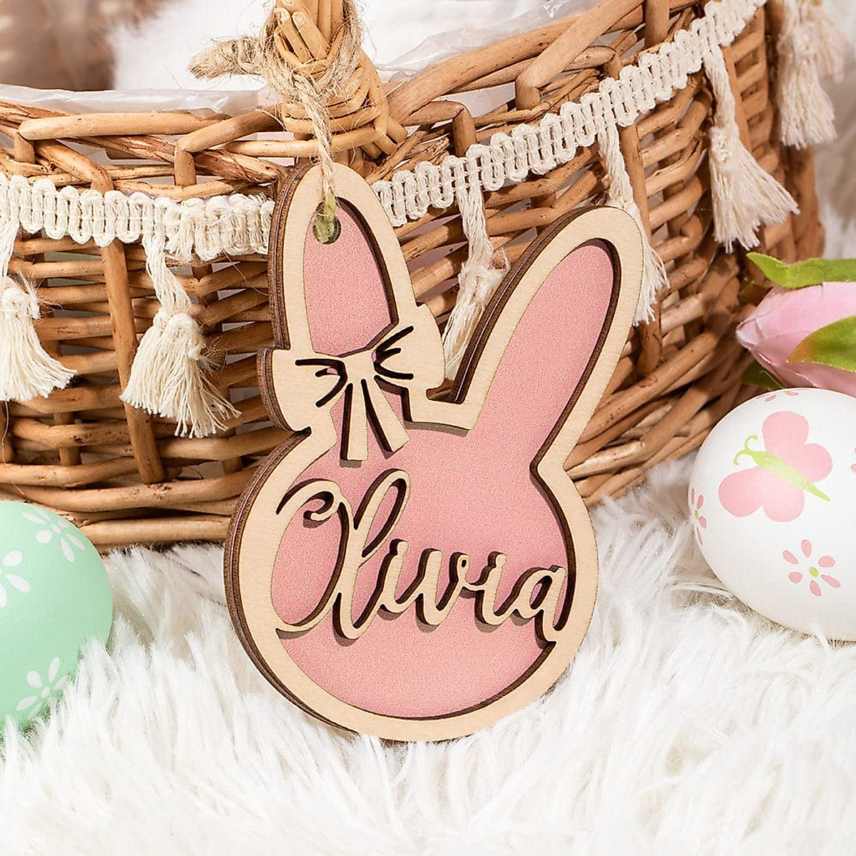 Personalized Rabbit Bunny Wooden Basket Tag Ornament with Name Easter Gift for Kids