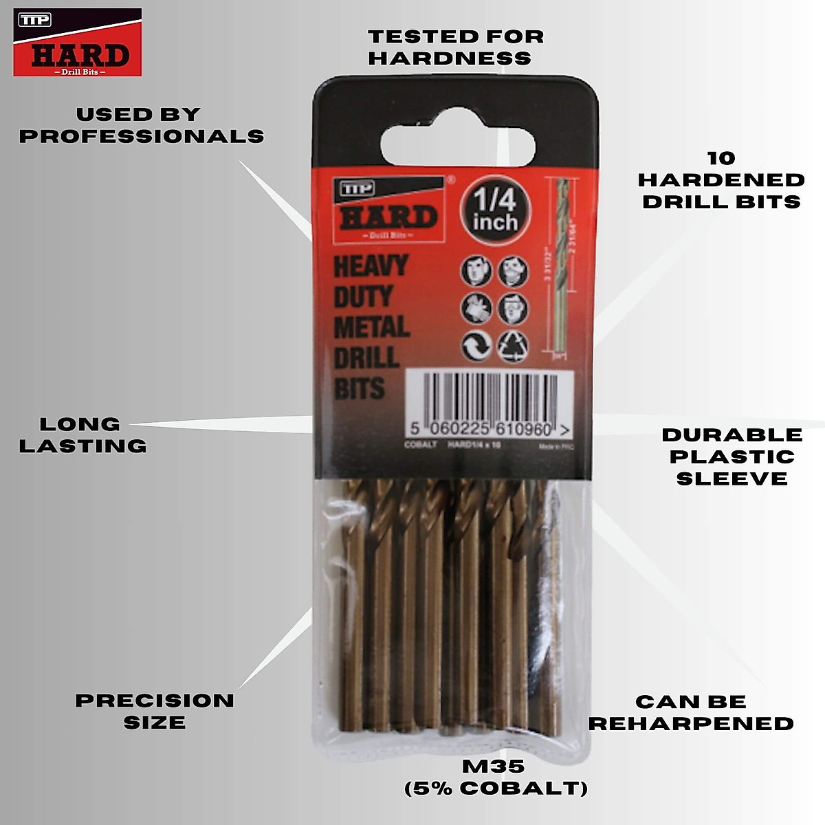 TTP HARD Drills 1/4 Drill bit - Cobalt Hardened bits for Drilling Hard Steel & Stainless, Heavy Duty Universal Drills for Cutting Tough Metal, Professional jobber Industrial 135 Degree Point