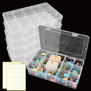 6 Pack Large 15 Grids Plastic Organizer Box with Dividers, 15 Compartment Organizer, Clear Tackle Box Organizers and Craft Storage with Adjustable Removable Divider, Fishing Organizer Box for Art DIY