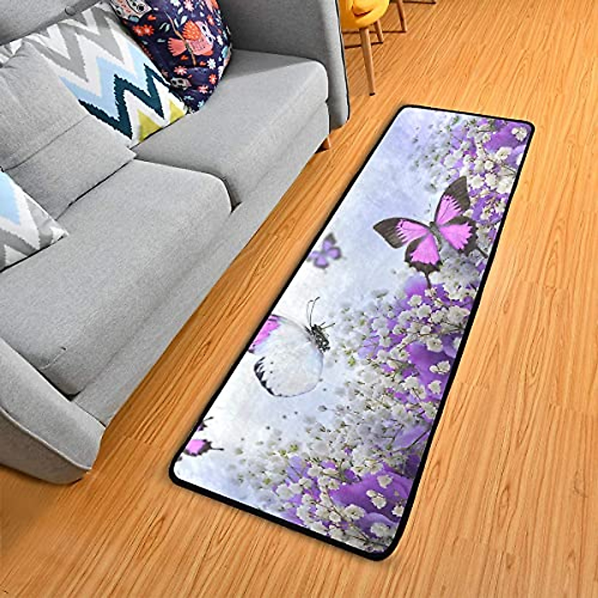 Purple Flowers and Butterflies Kitchen Rugs Non-Slip Soft Doormats Bath Carpet Floor Runner Area Rugs for Home Dining Living Room Bedroom 72" X 24"