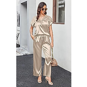 Ekouaer Womens Silk Pajamas Set Short Sleeve Satin Shirt with Long Pant Pjs Set V Neck Sleepwear with Floral Lace Champagne