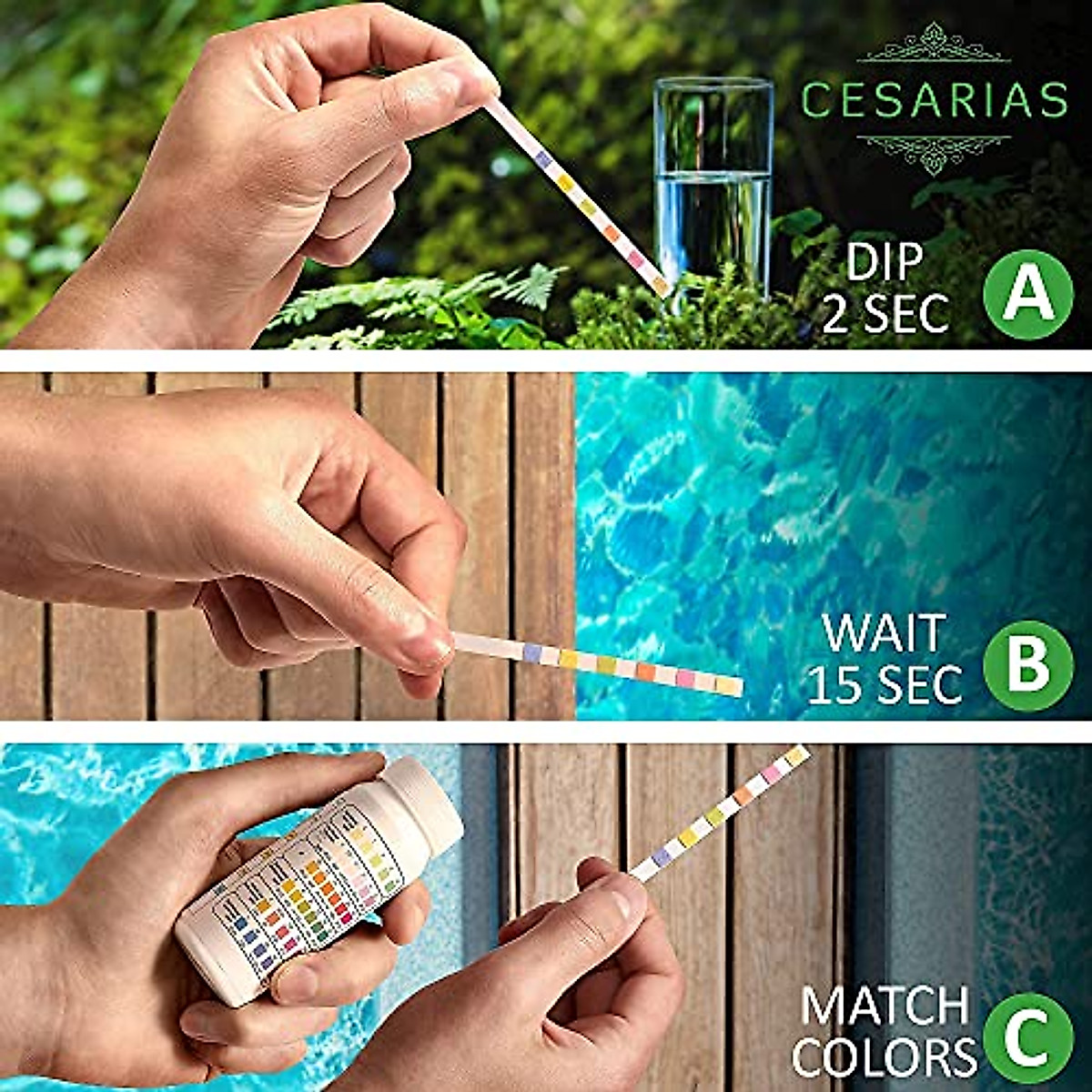 CESARIAS Spa Mineral Filter Sticks Cartridge for Hot Tub, Pool Testing Strips 6 in1, Kit of 3, Water Quality Test Strip 50pcs, Last for 4 Months