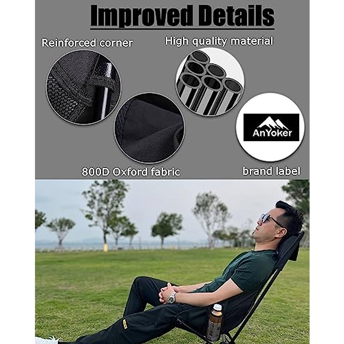 AnYoker Camping Chair, High-Back Compact Backpacking Chair, Portable Folding Chair, Beach Chair with Side Pocket and headrest, Lightweight Hiking Chair 0066ZZ (Black)