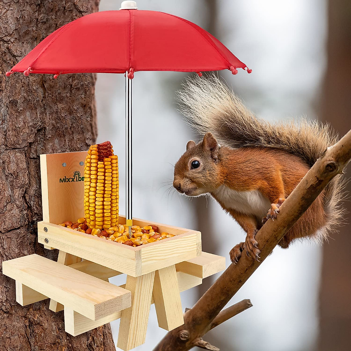 MIXXIDEA Squirrel Feeder Table with Umbrella, Wooden Squirrel Picnic Table Feeder, Durable Squirrel Feeder Corn Cob Holder, with Solid Structure and 2 x Thick Benches(Squirrel Feeder table-1pk)