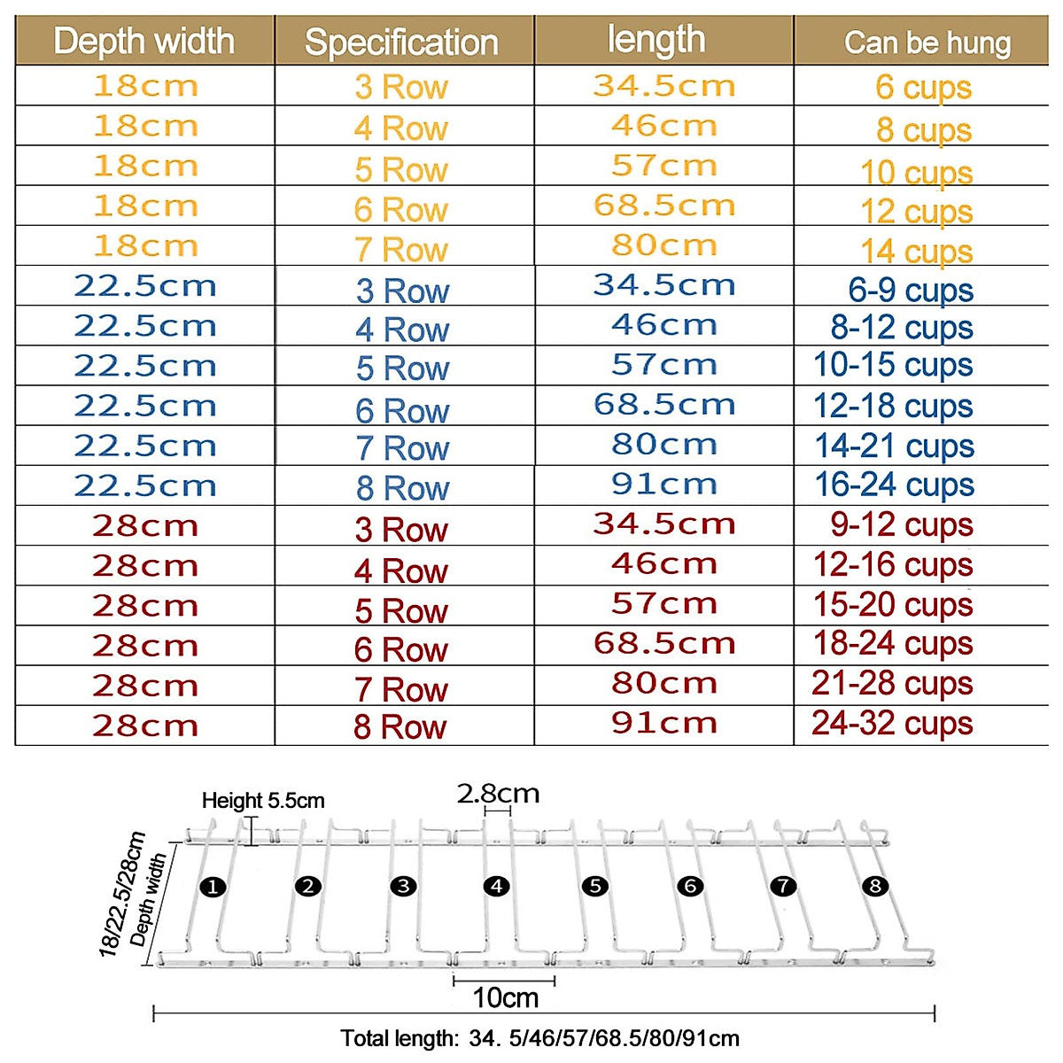 V3VOGUE Steel Under Cabinet Wine Glass Holder Rack, Stemware Holder, 3/4/5/6/7/8 Row Glasses Storage Hanger, Hanging Champagne Goblets Holders, with Screws (Row : 6Row, Size : Width: 28cm)