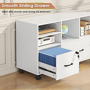 Semoic 2 Drawer Wood Lateral File Cabinet with Lock, Lockable Rolling Filing Cabinet with Open Storage Shelves, Printer Stand Office Storage Cabinet for Home Office Fits Files Legal/A4 Size, White