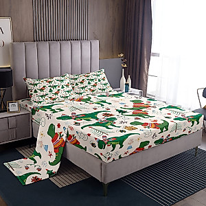 Christmas Sheet Set for Kids Boys Girls Cartoon Dinosaur Christmas Tree Sheets with Deep Pocket Fitted Sheet Snowman New Year Bed Sheets Set Bedroom Decor Xmas Theme Bedding Set Full Size 4Pcs
