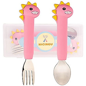 NICINGU Kids Silverware with Silicone Handle,Dinosaur Baby Spoons+Fork,Toddler Utensils