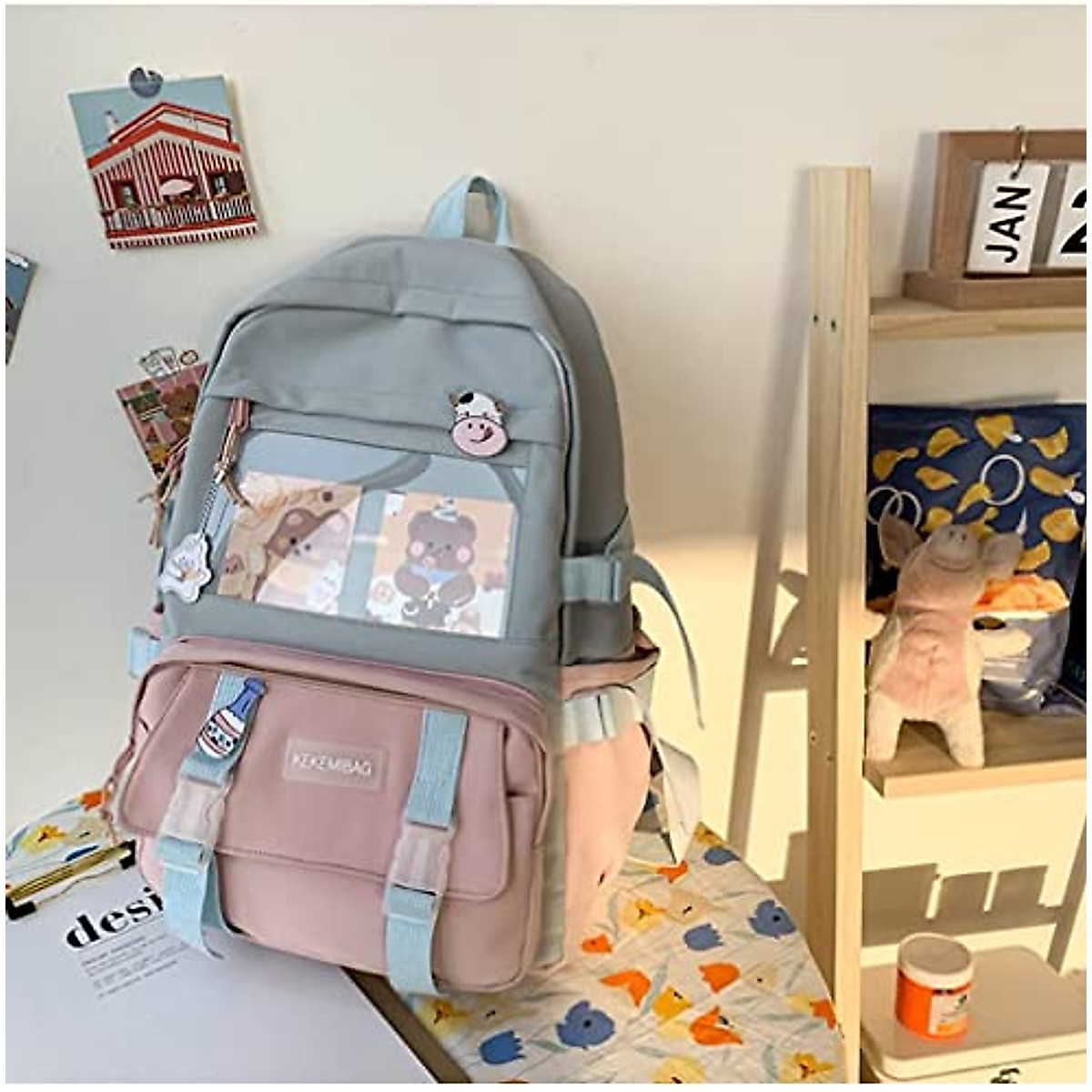 LIEEI Kawaii Backpack with Cute Pins and Plush Pendant for Teen Girls School Large Capacity Waterproof School Bag Bookbag