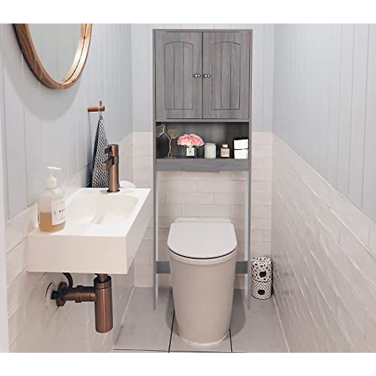 NIUBEST Over The Toilet Storage Cabinet, Bathroom Organizer with Inner Adjustable Shelf and Open Storage Shelf, Double Doors Toilet Storage Rack, Gray