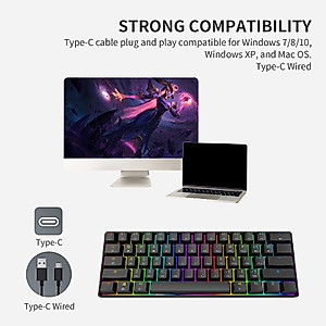 60% Mechanical Gaming Keyboard Wired 60 Percent Keyboard with LED RGB Rainbow Backlit Blue Switch for Windows PC Gaming (61 Keys, Black)