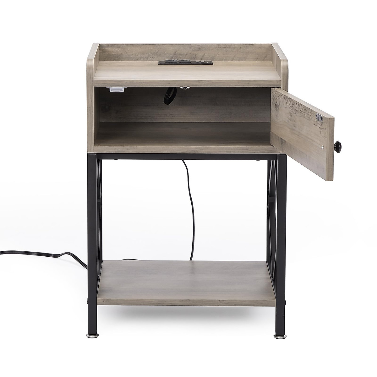 Gecheer Set of 2 Wood Nightstand, Farmhouse End Table with Charging Station, USB Ports, Cabinet, and Shelf, Sofa Bed Side Table for Bedroom Living Room, Adjustable Foot Pads, Rustic Gray