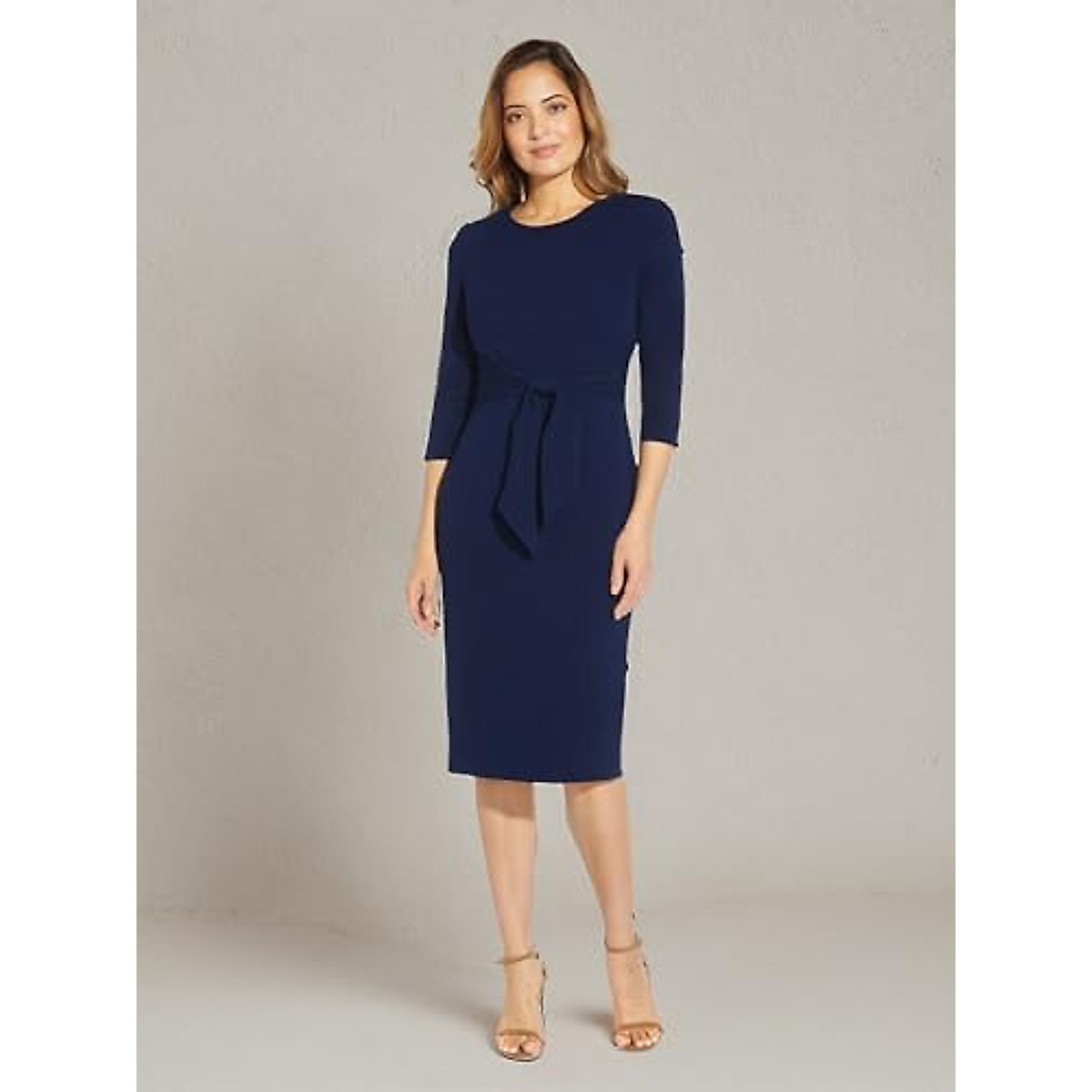 Adrianna Papell Womens Knit Crepe Tie Waist Sheath Dress, Navy Sateen, 10 US